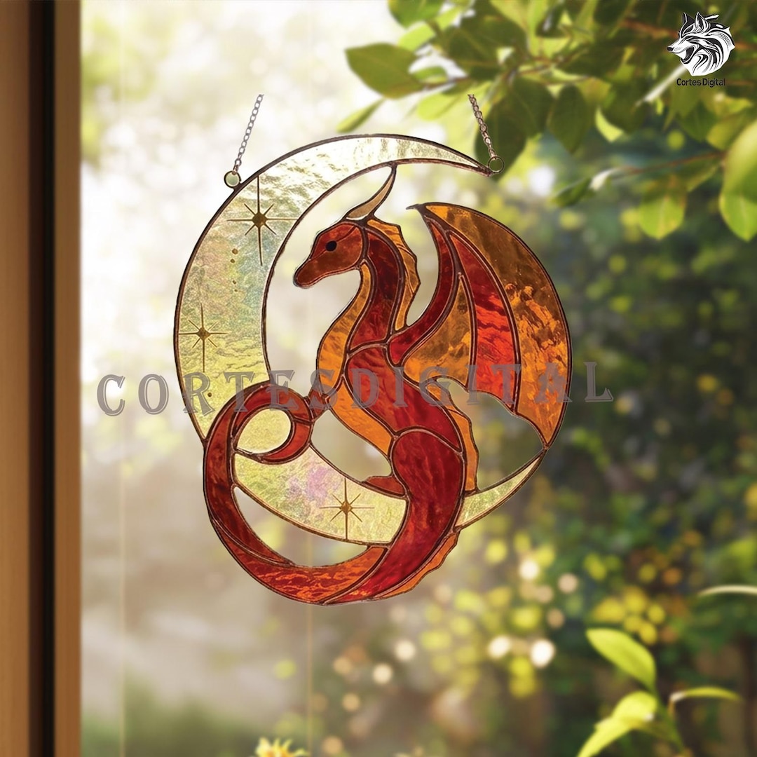 Dragon on the Moon Stained Glass Pattern, Crescent Moon Suncatcher ...