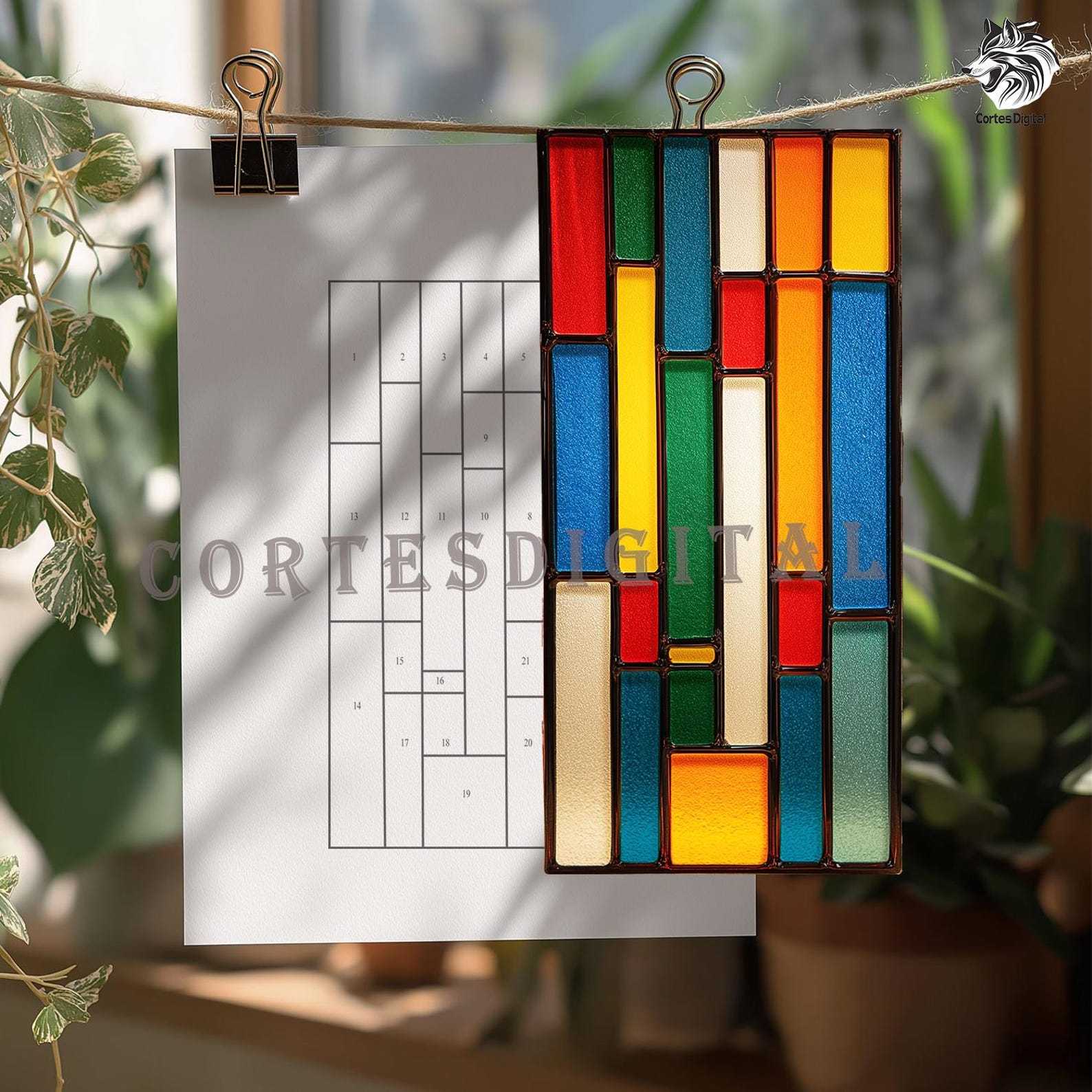 Geometric Stained Glass Pattern, Rectangular Modern Suncatcher Design ...