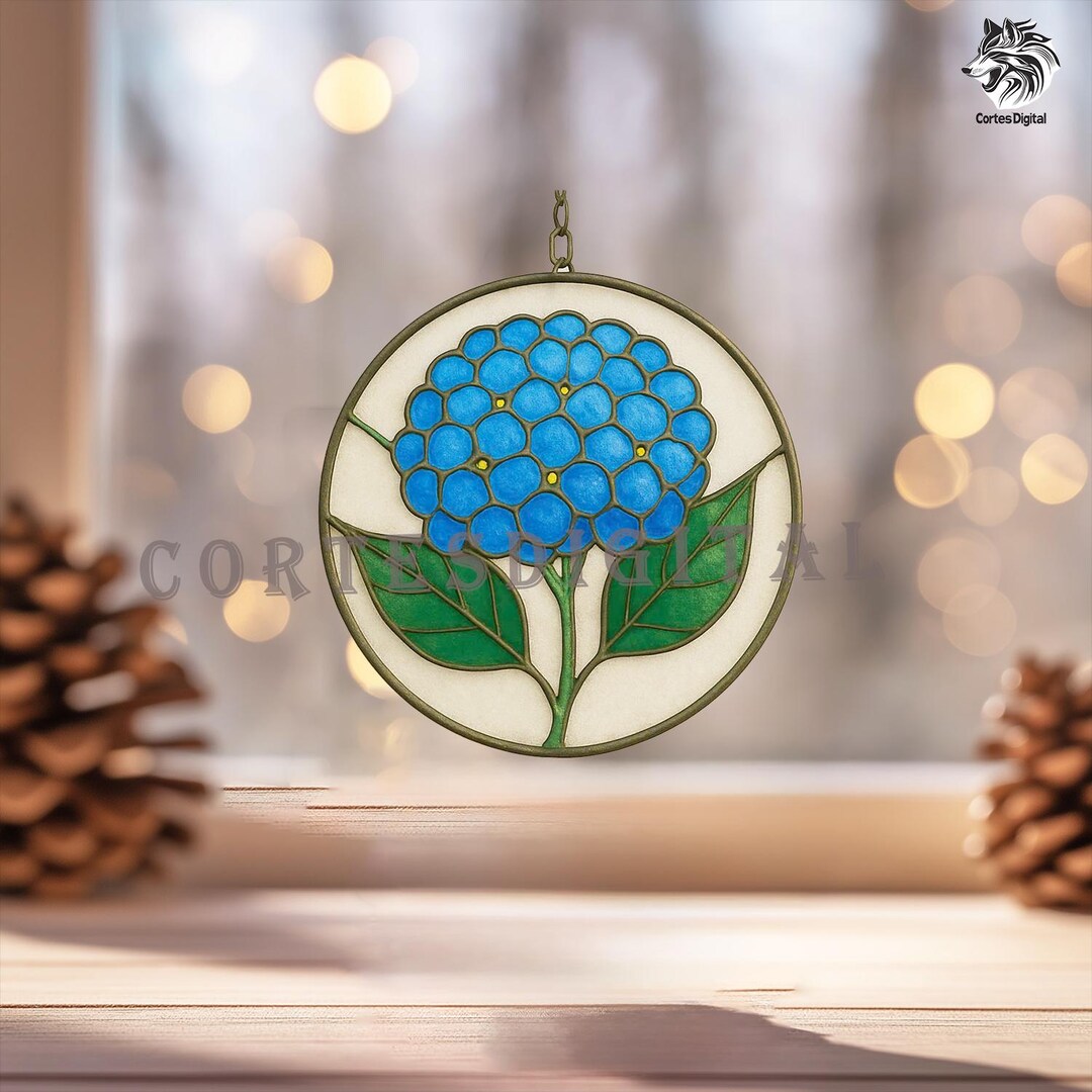 Round Hydrangea Stained Glass Pattern – Blue Floral Suncatcher Digital ...