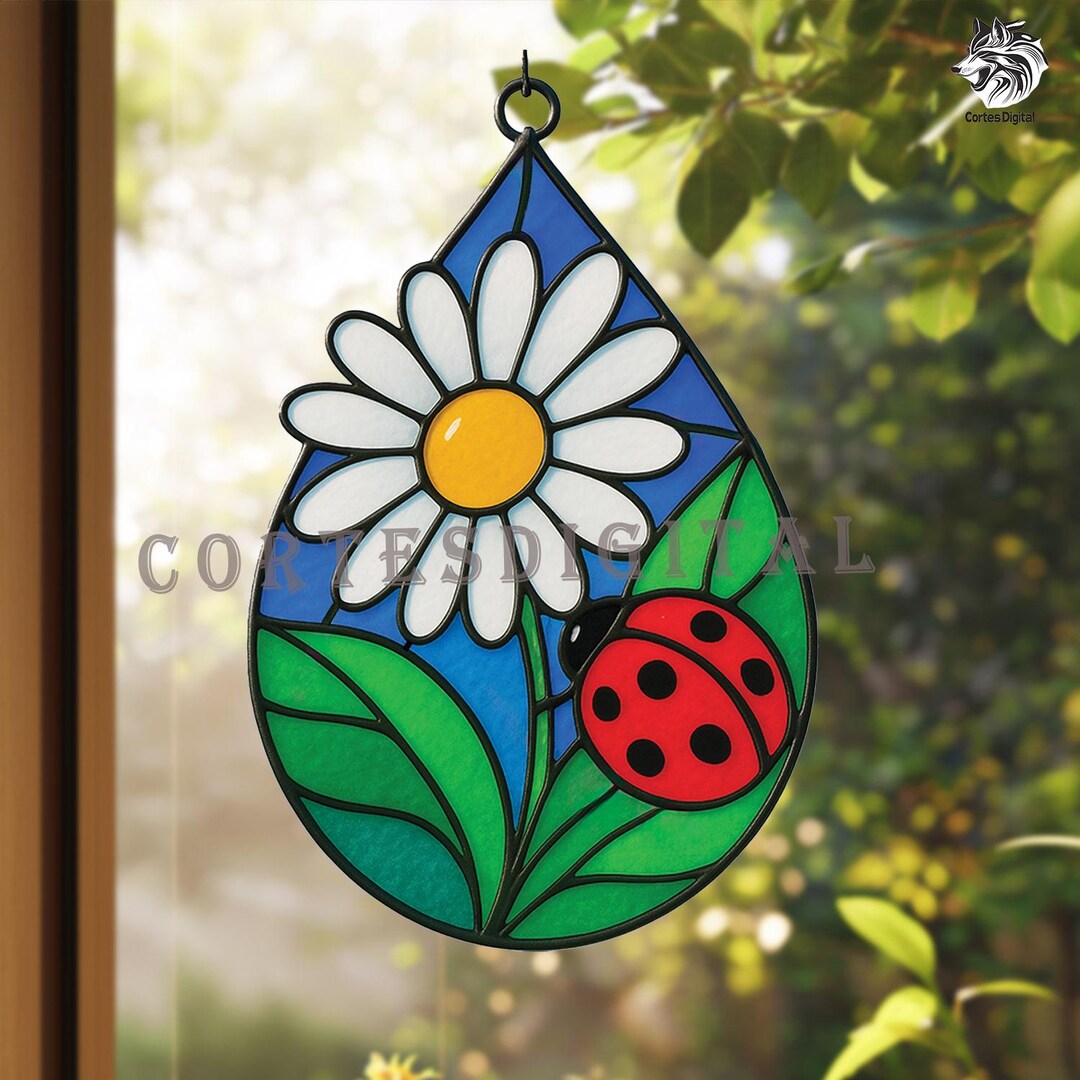 Daisy & Ladybug Stained Glass Pattern – Teardrop Suncatcher Template ...