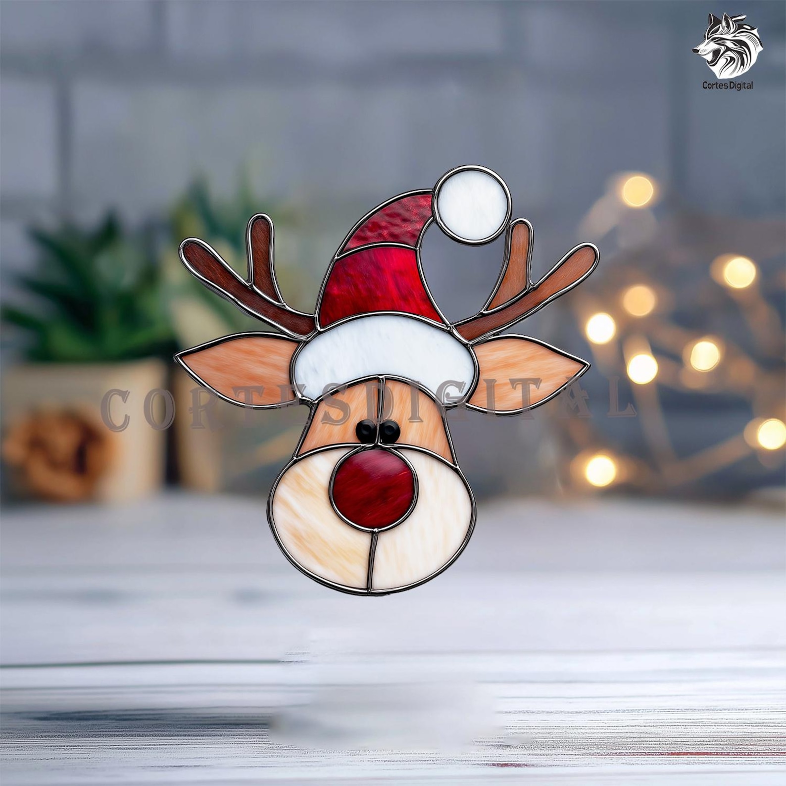 Red Nose Reindeer Stained Glass Pattern With Santa Hat, Beginner ...