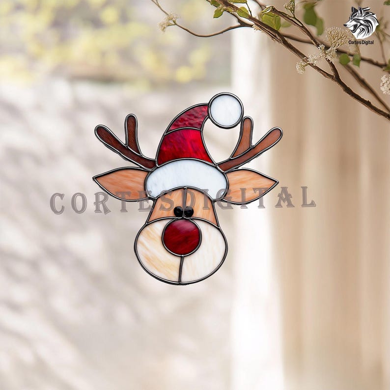 Red Nose Reindeer Stained Glass Pattern With Santa Hat, Beginner ...