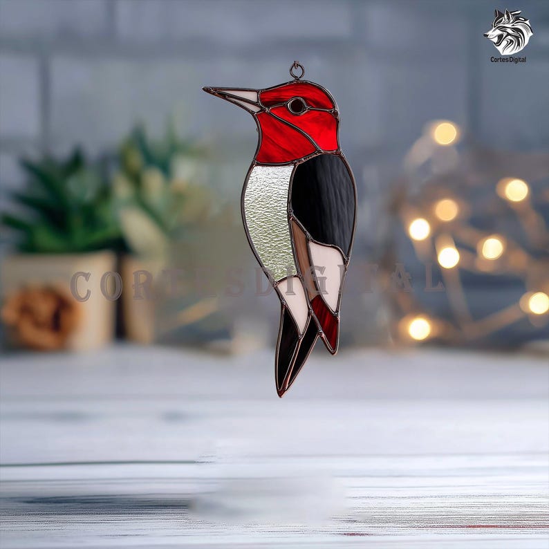 BI38 Woodpecker Stained Glass Pattern, Red Head Bird Suncatcher ...