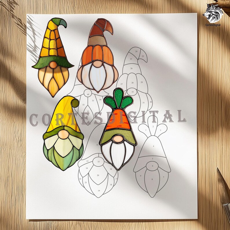 Vegetable Gnome Stained Glass Pattern Set: Carrot, Pumpkin, Corn ...