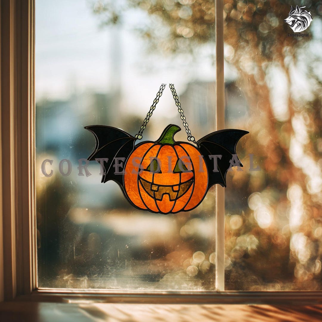Bat Wings Pumpkin Stained Glass Pattern, Halloween Suncatcher Template ...
