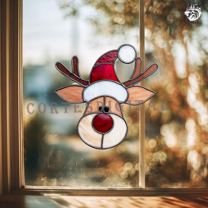 Red Nose Reindeer Stained Glass Pattern With Santa Hat, Beginner ...
