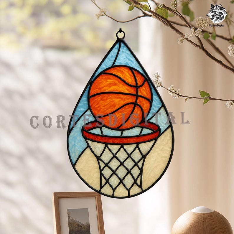PA139 Basketball Hoop Stained Glass Pattern, Teardrop Sports Suncatcher ...