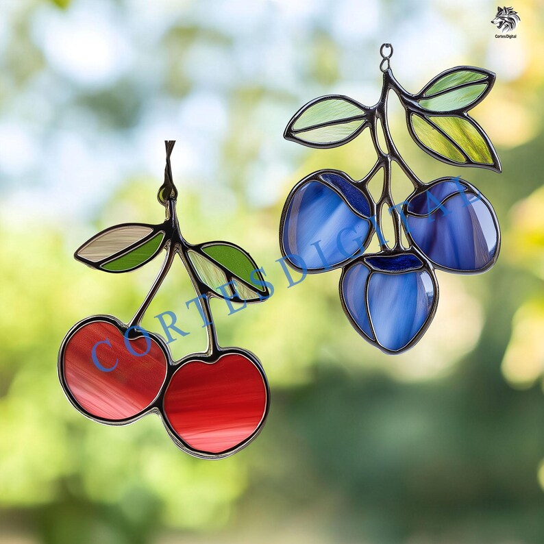 Blueberry and Cherry Stained Glass Pattern, Fruit Suncatcher Template ...