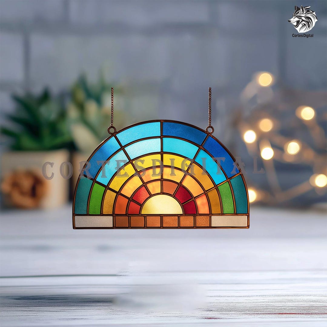 Geometric Rainbow Stained Glass Pattern, Colorful Modern Suncatcher ...