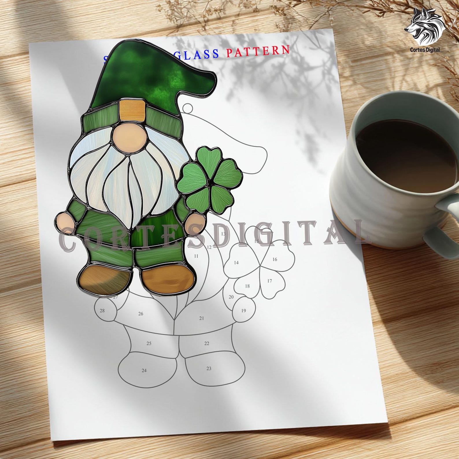 St. Patrick’s Day Gnome Stained Glass Pattern, Lucky Clover Leprechaun ...