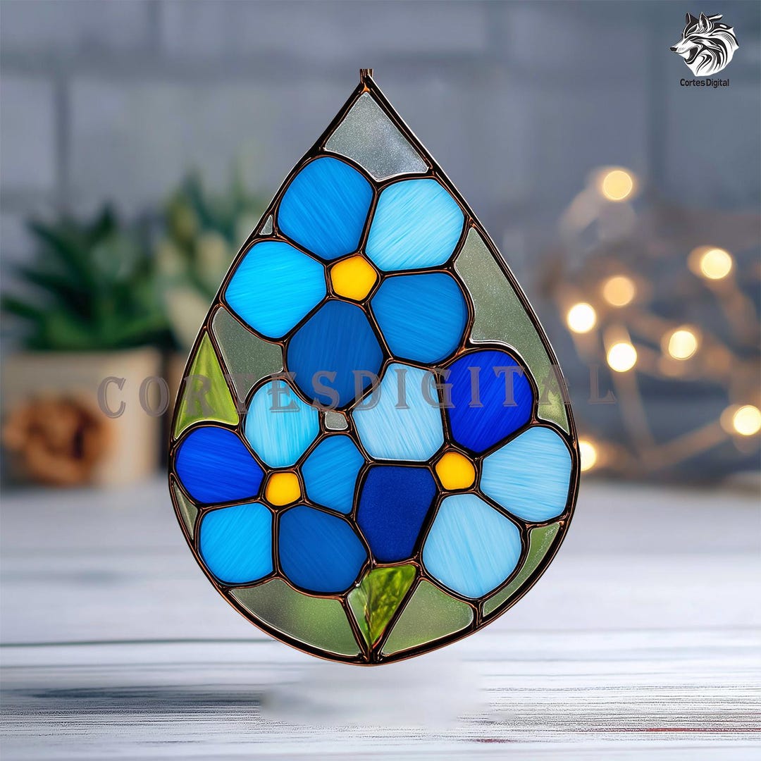 Blue Flower Stained Glass Pattern, Teardrop Floral Suncatcher Template ...
