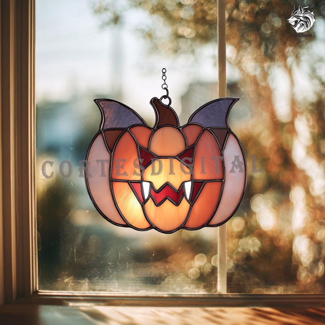 Vampire Pumpkin Suncatcher Stained Glass Pattern, Cute Halloween ...