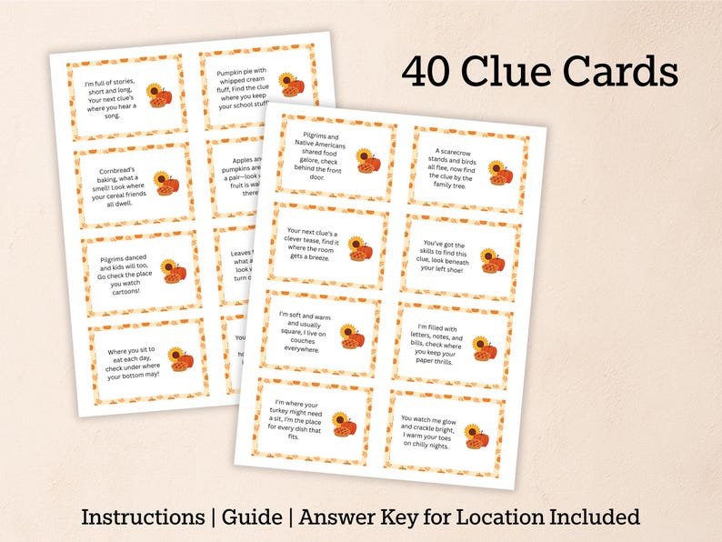 Thanksgiving Scavenger Hunt for Kids Printable – 40 Rhyming Riddle Clue Cards – Indoor ...