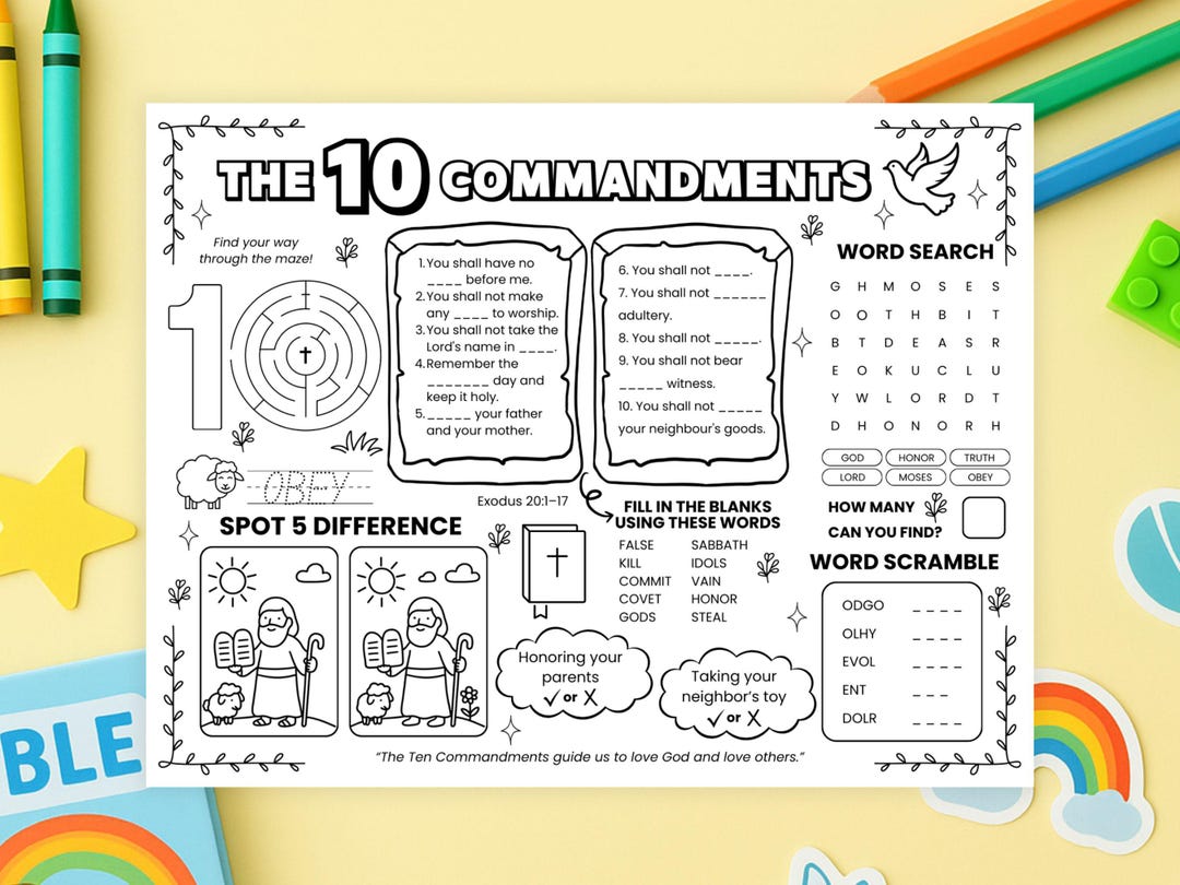 Ten Commandments Activity Placemat, Fun Christian Bible Worksheet ...