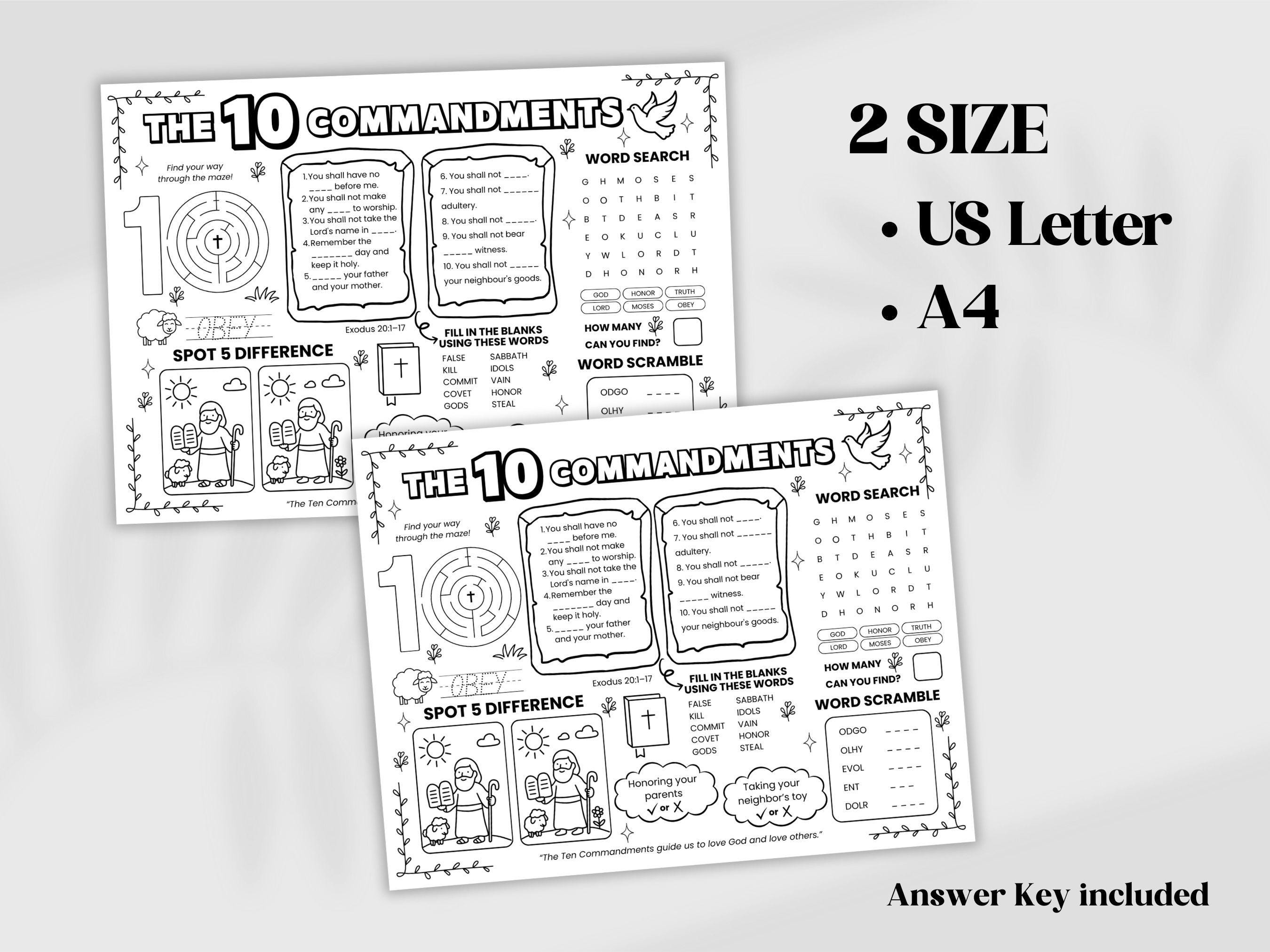 Ten Commandments Activity Placemat, Fun Christian Bible Worksheet ...
