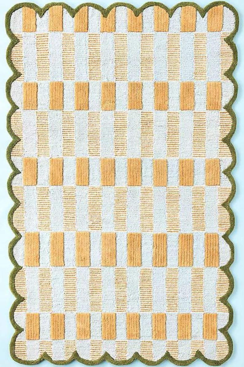 Checkered Wool Rug With Scalloped Edges – Hand-tufted Retro Gingham ...