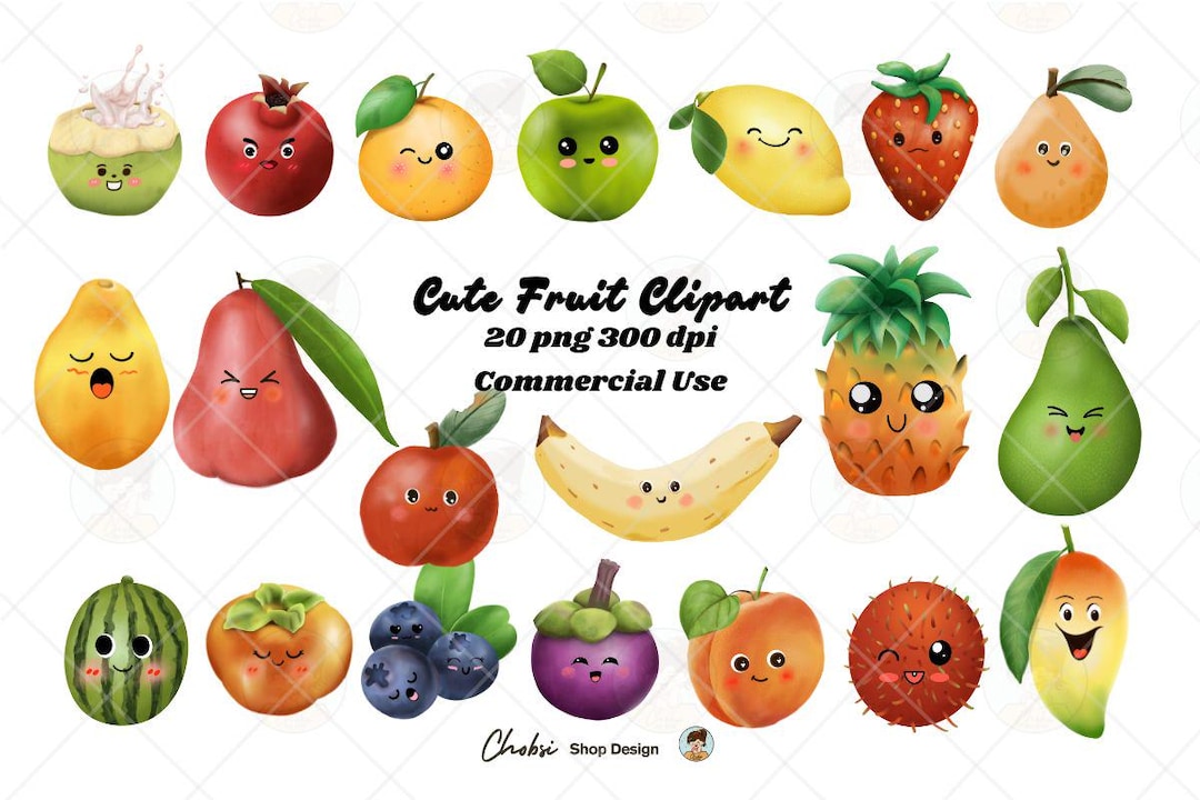 Cute Fruits Clipart, Kawaii Fruit Clipart, Cute Fruit Water Color, Cute ...