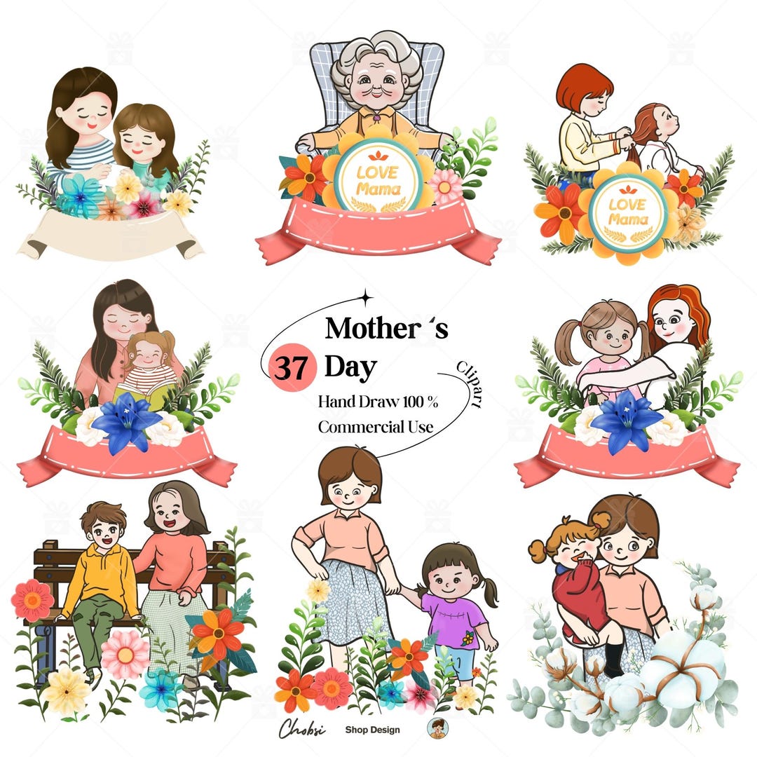 Hand-drawn Mother's Day Clipart Set – Family PNG Graphics (digital ...