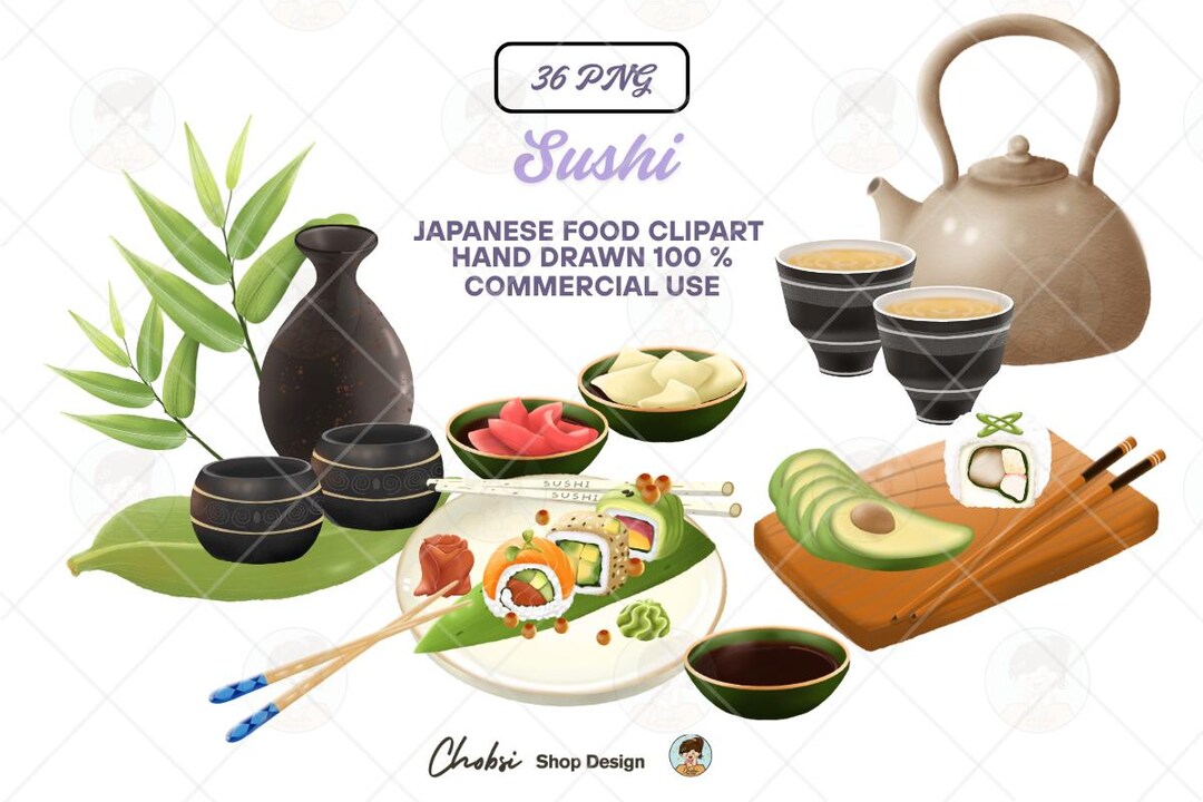 Sushi Japanese Food Clip Art Set in Watercolor, Restaurant Menu PNG ...