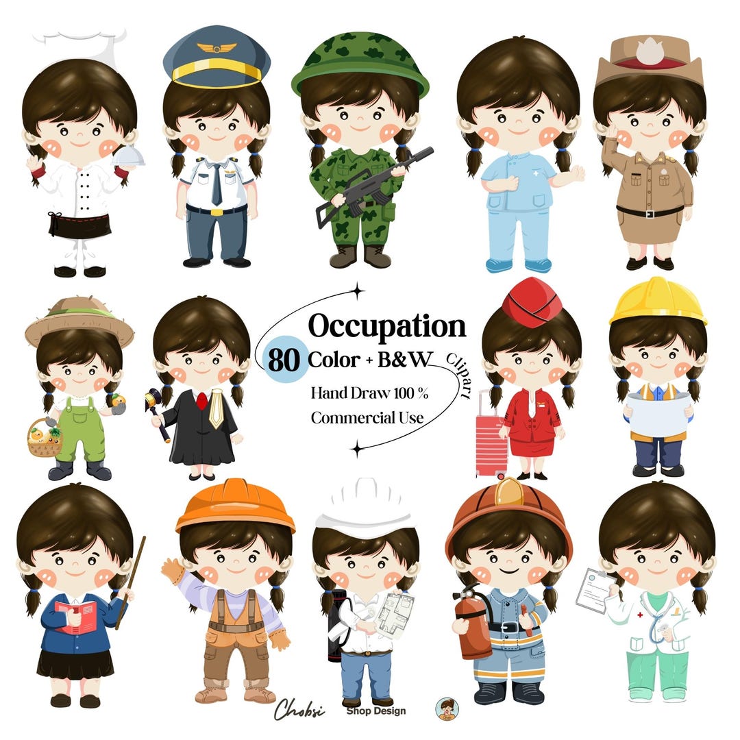 Chibi Career Girls Clipart Bundle, Occupation PNG, Coloring Pages ...