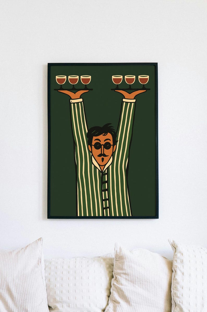 Minimalist Waiter Art Print, Retro Server Wall Decor, Wine Glasses Bar ...