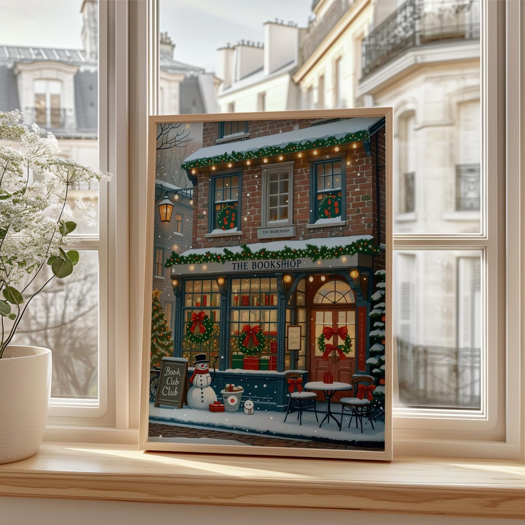Christmas Bookshop Wall Art, Cozy Winter Bookstore Print With Snowman ...