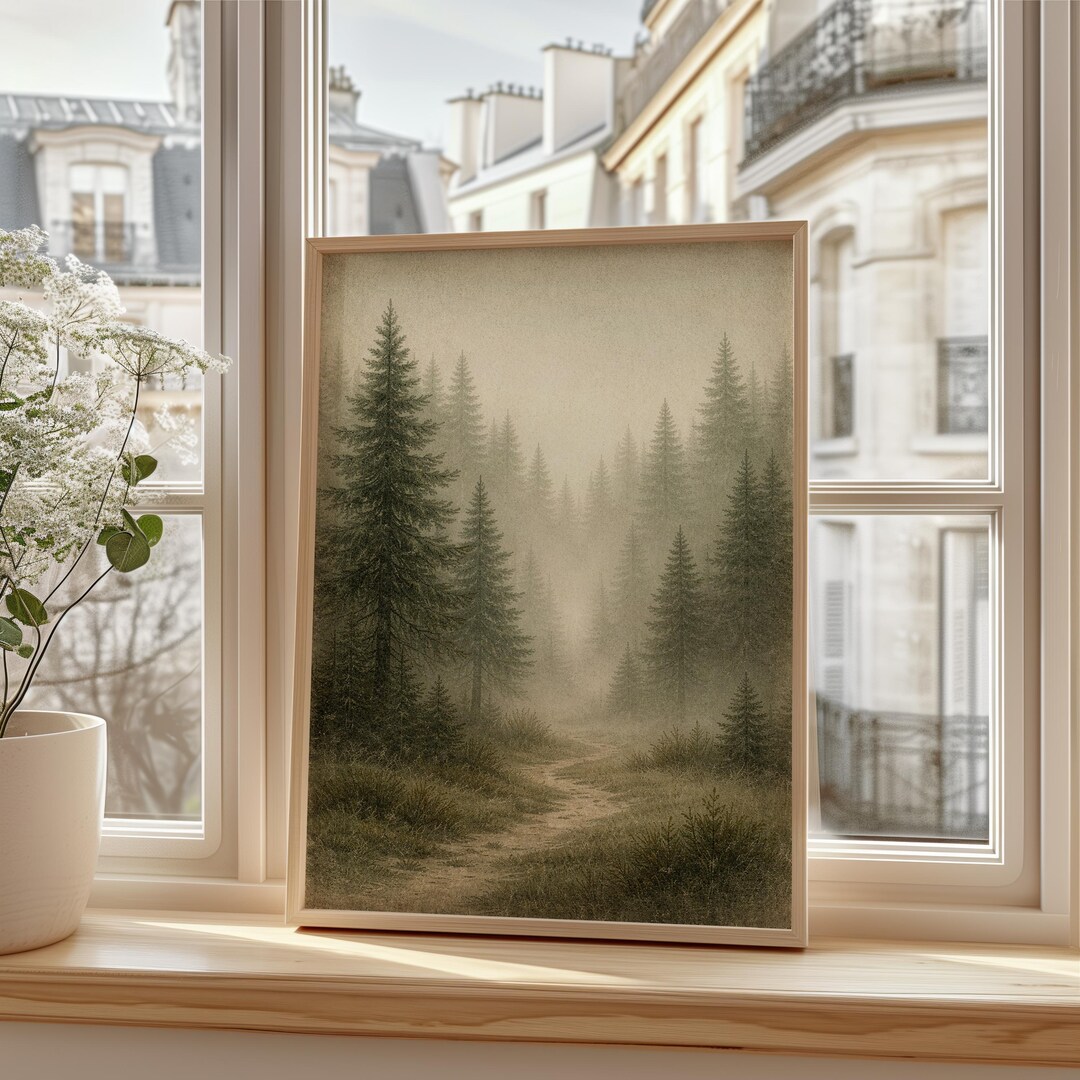 Misty Forest Path Poster, Pine Tree Landscape Wall Art, Foggy Woodland ...