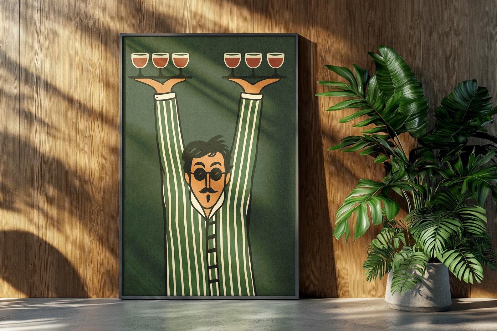 Minimalist Waiter Art Print, Retro Server Wall Decor, Wine Glasses Bar ...