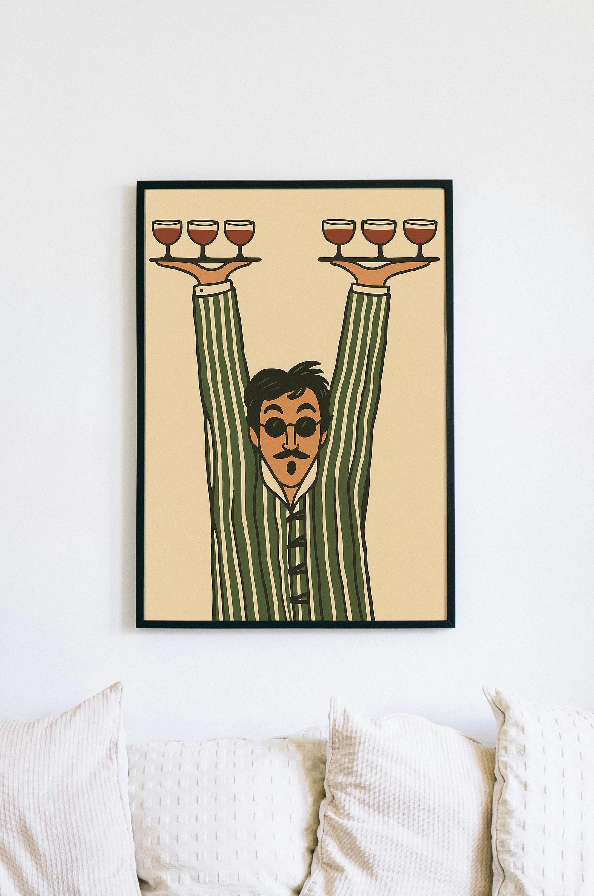 Minimalist Waiter Art Print, Retro Server Wall Decor, Wine Glasses Bar ...