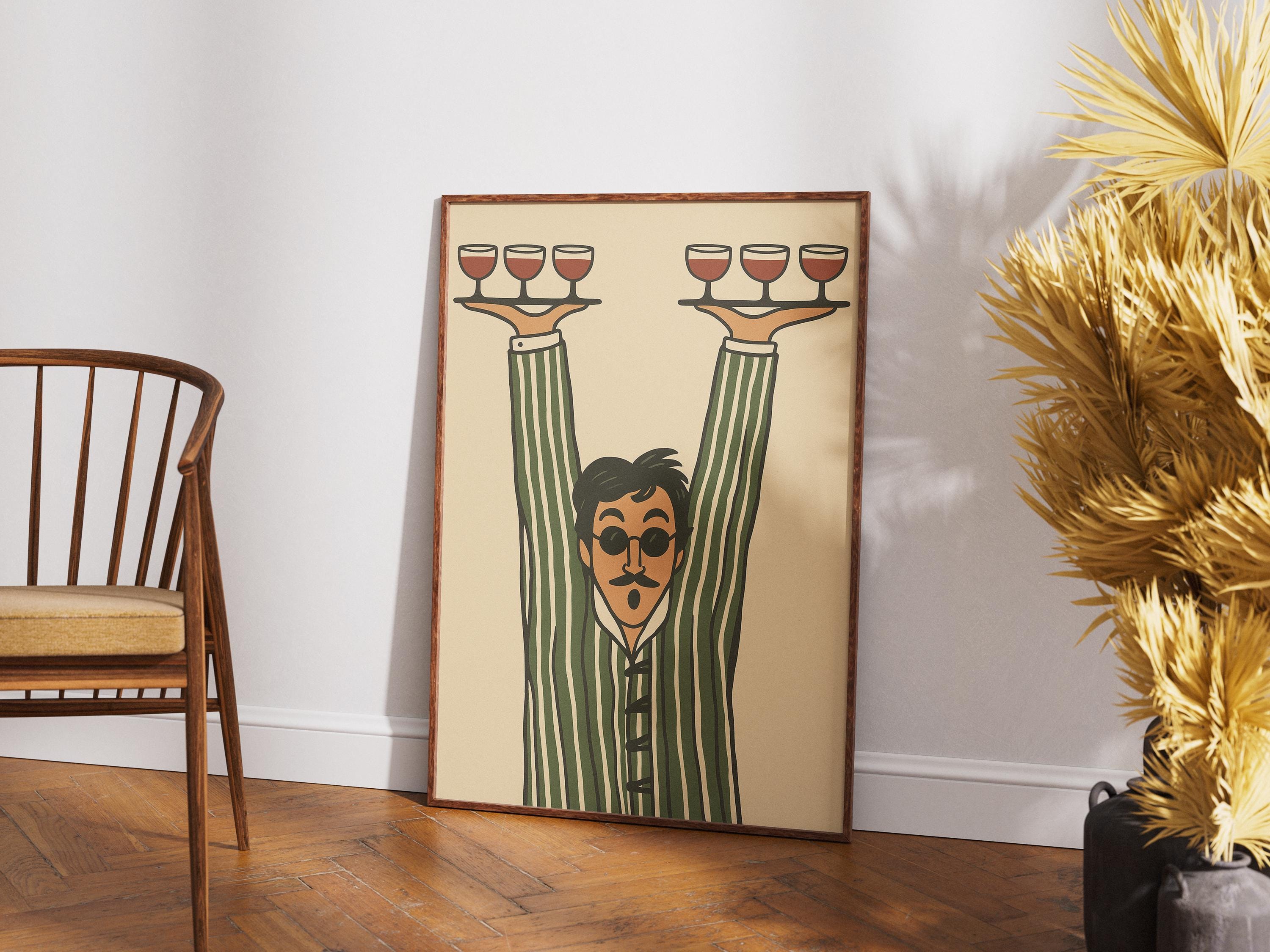 Minimalist Waiter Art Print, Retro Server Wall Decor, Wine Glasses Bar ...
