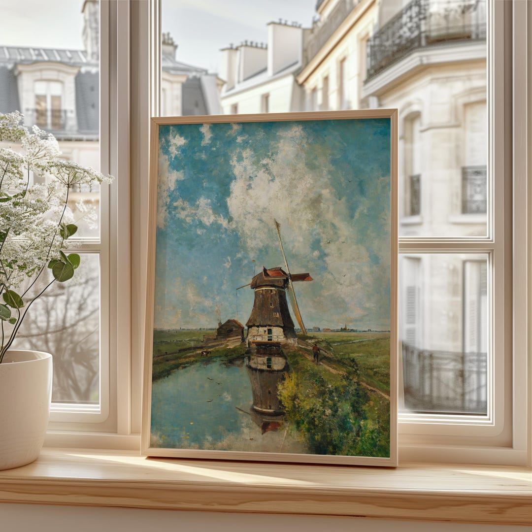 Windmill Dutch Landscape Poster, Canal Blue Sky Reflection Print ...