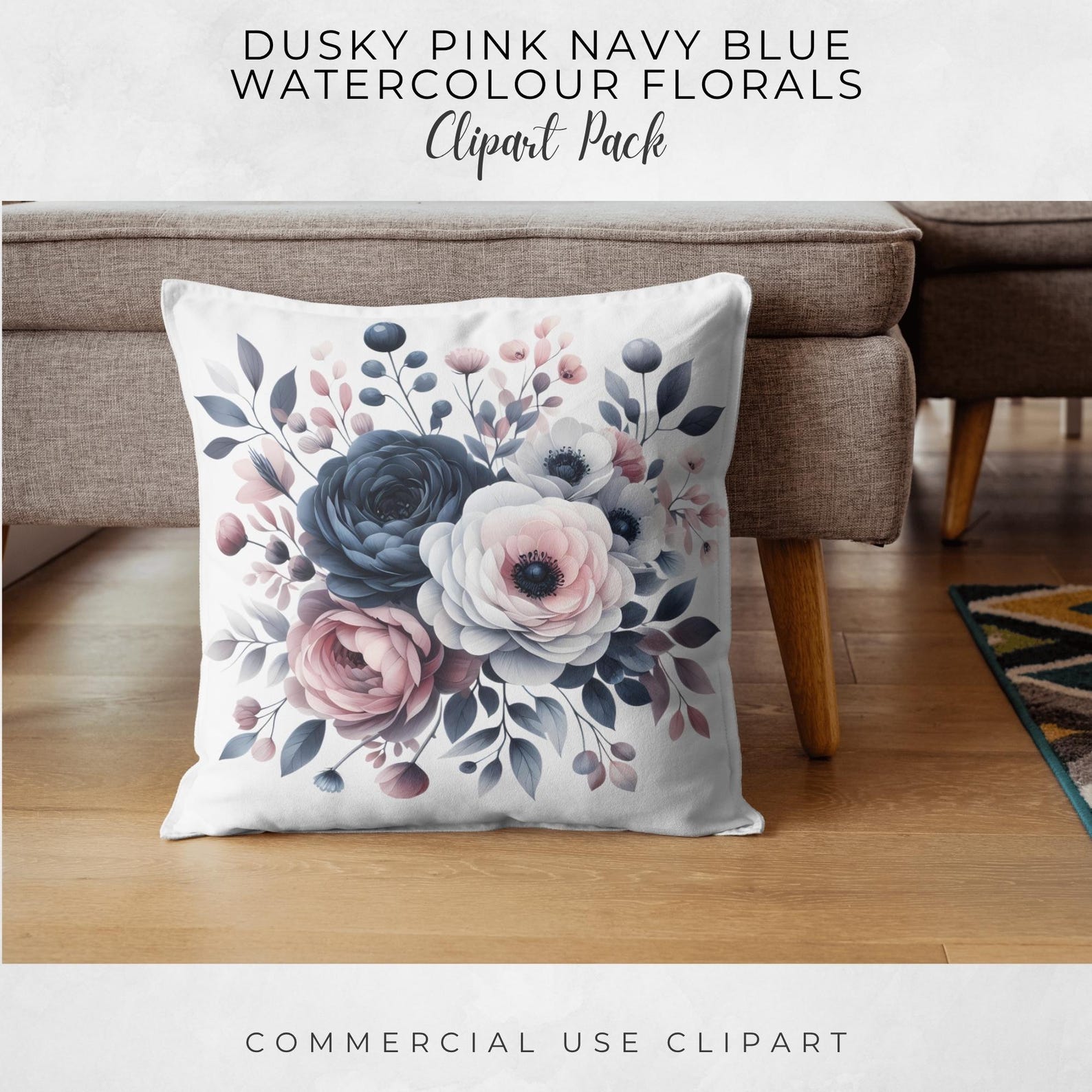 Dusky Pink and Navy Blue Floral Clipart, Clipart for Commercial Use ...