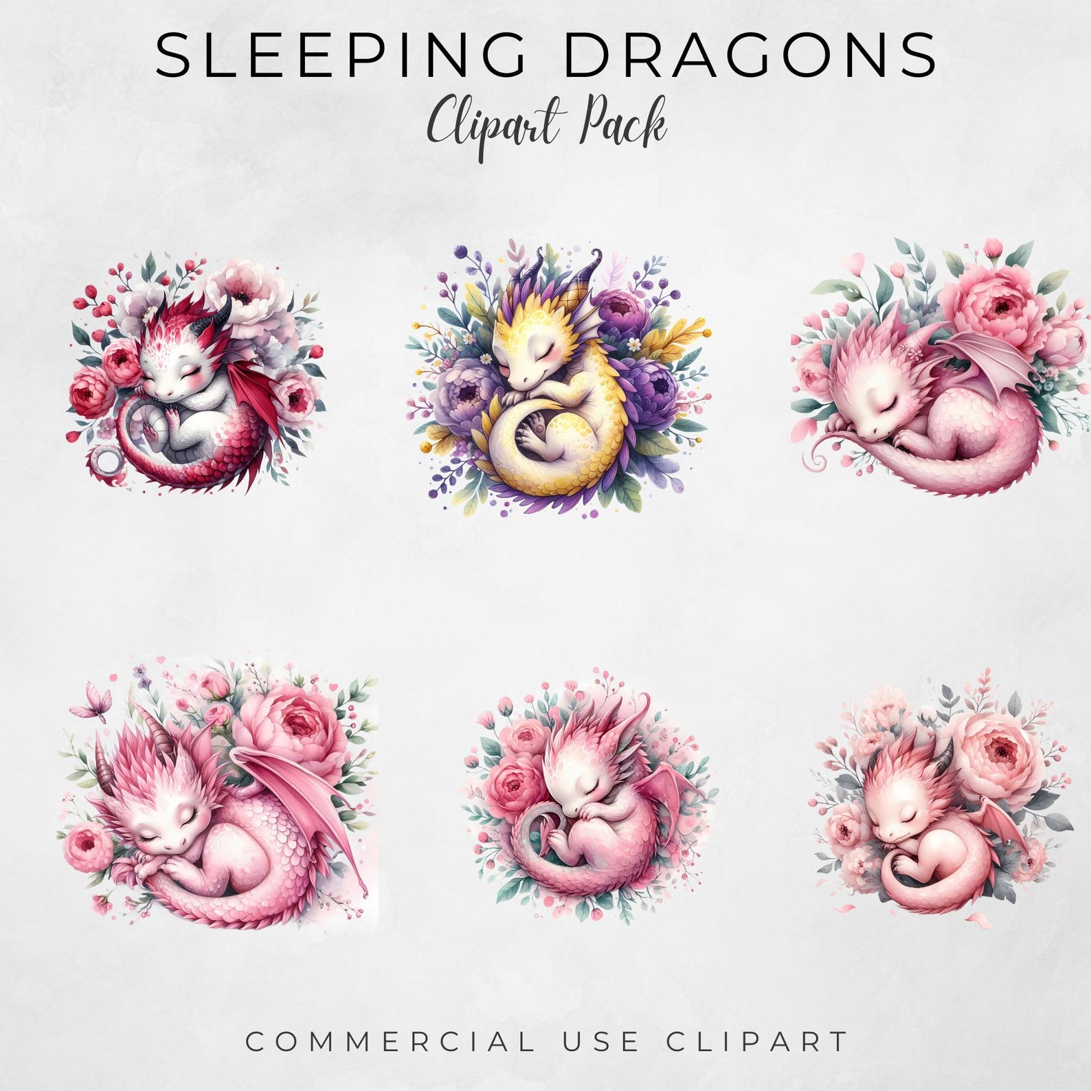 Sleeping Dragons Clipart Bundle | 42 Pngs | Cute Whimsical Magical ...