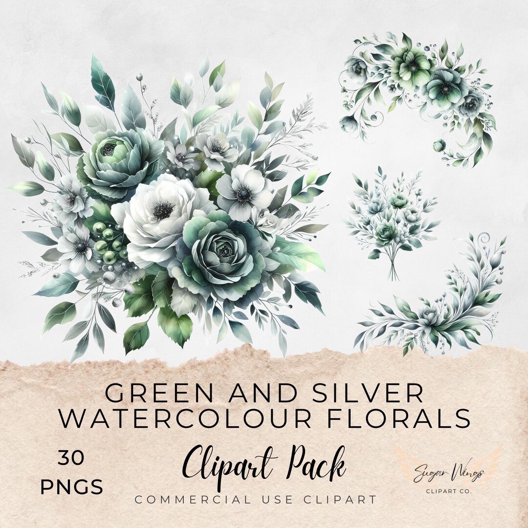 Green and Silver Floral Clipart, Clipart for Commercial Use ...