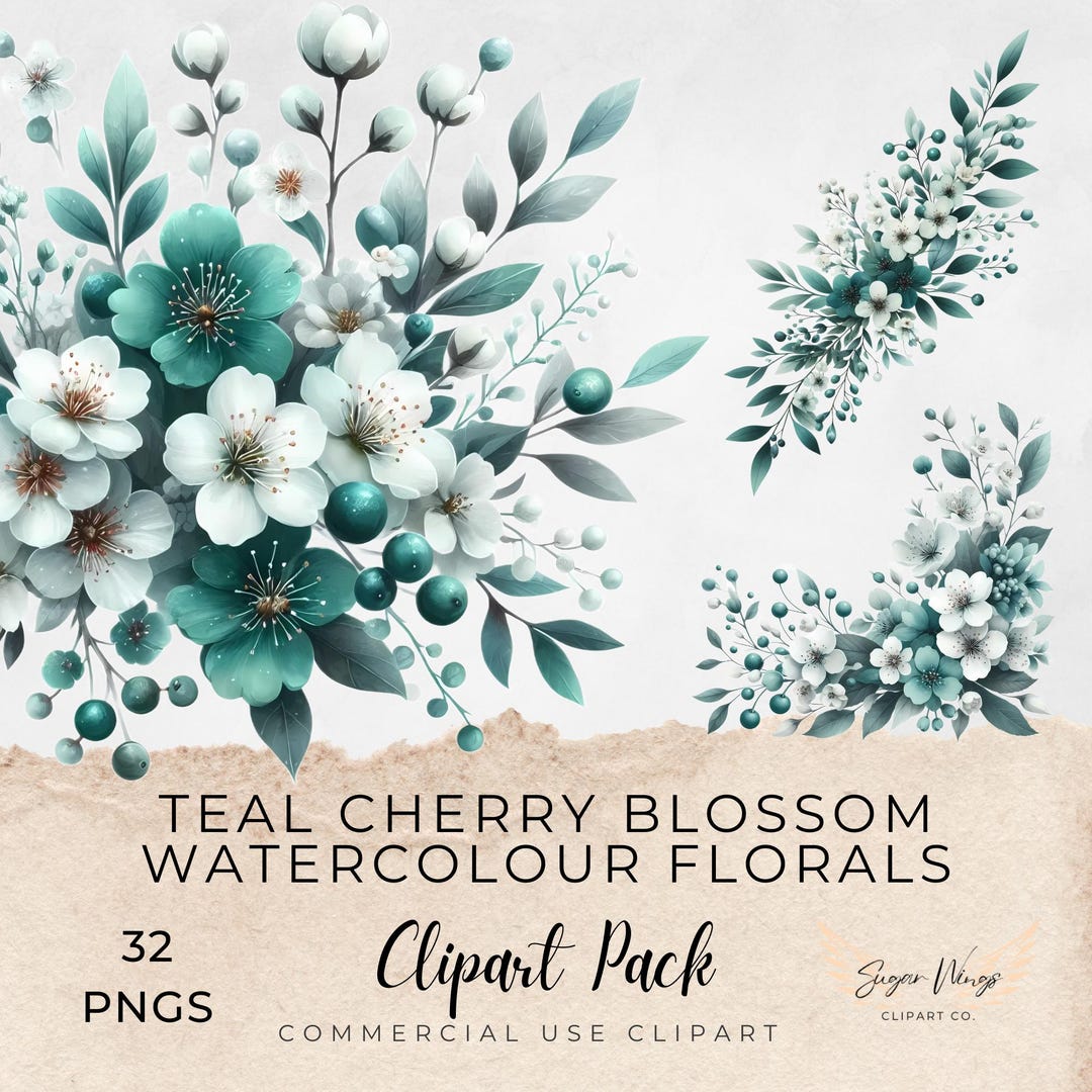 Teal Cherry Blossom Floral Clipart, Clipart for Commercial Use ...