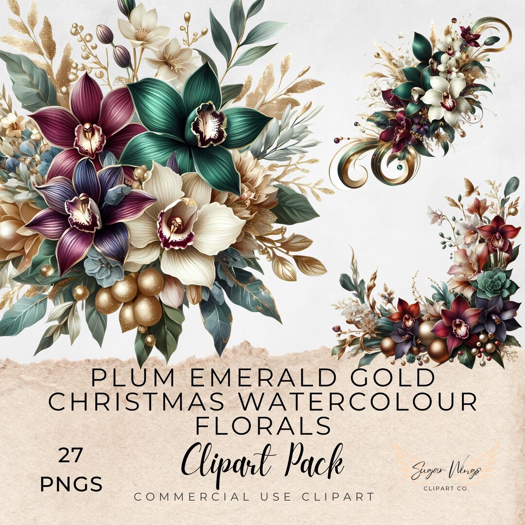 Plum Emerald Gold Christmas Floral Clipart, Clipart for Commercial Use ...
