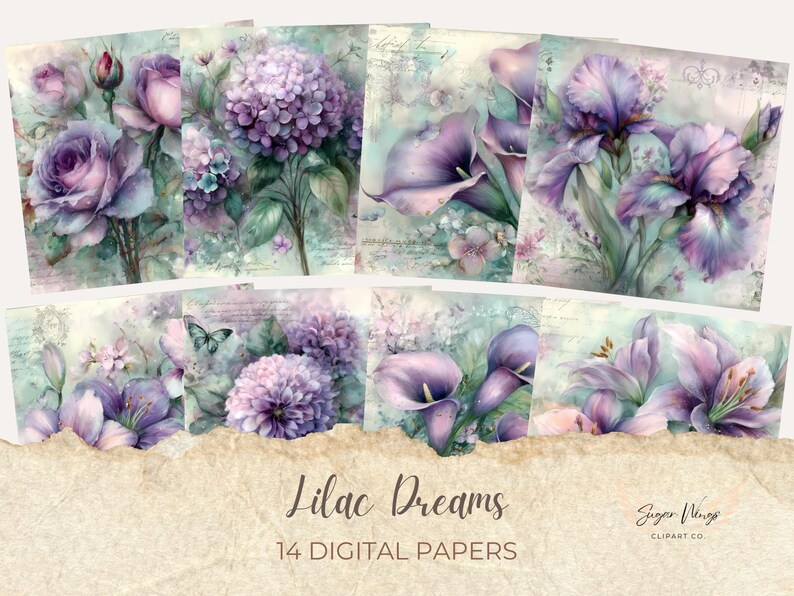 Lilac Dreams Watercolor Digital Paper Pack, Vintage Purple Flower ...