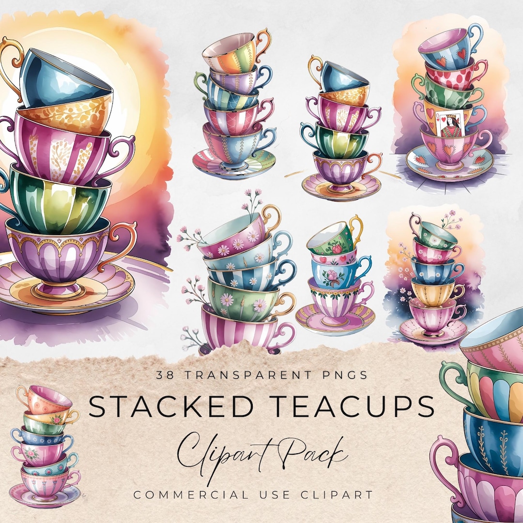 Stacked Teacups Clipart Watercolour, Clipart for Commercial Use ...