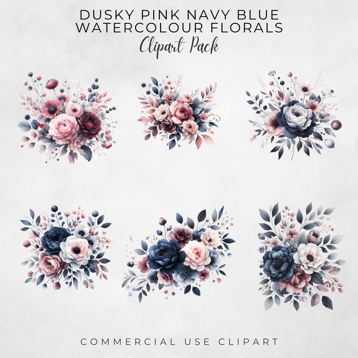 Dusky Pink and Navy Blue Floral Clipart, Clipart for Commercial Use ...