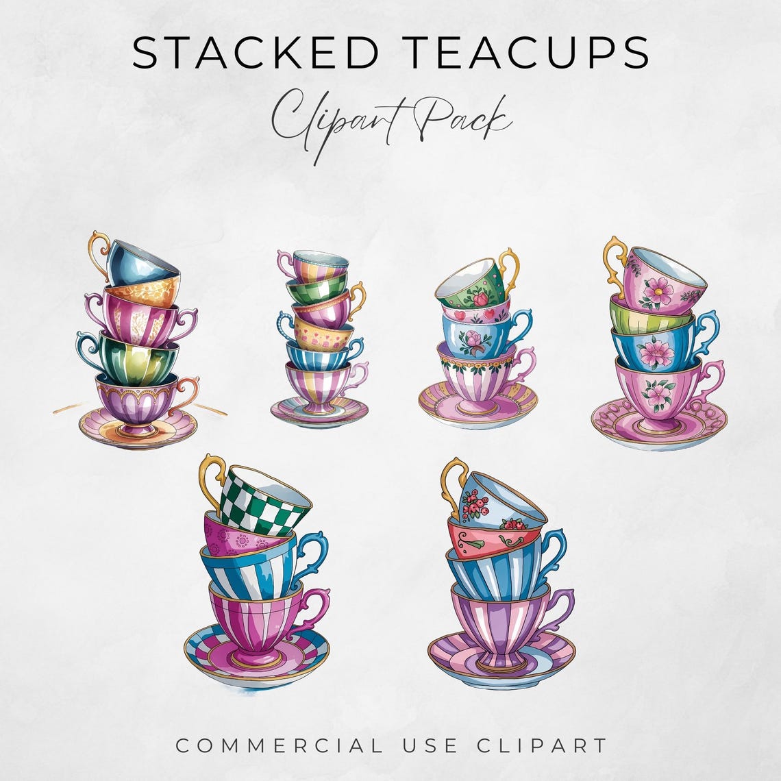 Stacked Teacups Clipart Watercolour, Clipart for Commercial Use ...