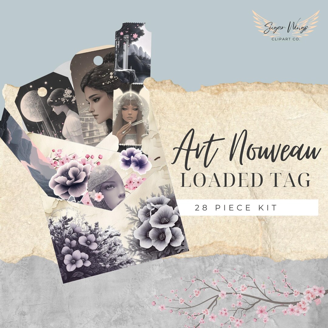 Art Nouveau Loaded Tag Printable, Vintage Shabby, Pink Grey, Cherry ...