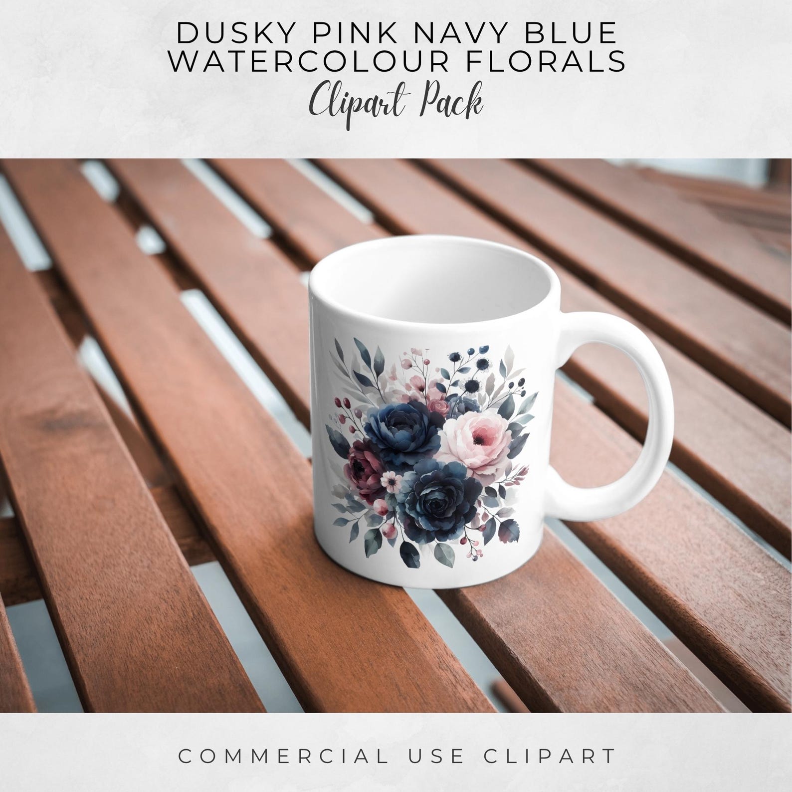 Dusky Pink and Navy Blue Floral Clipart, Clipart for Commercial Use ...