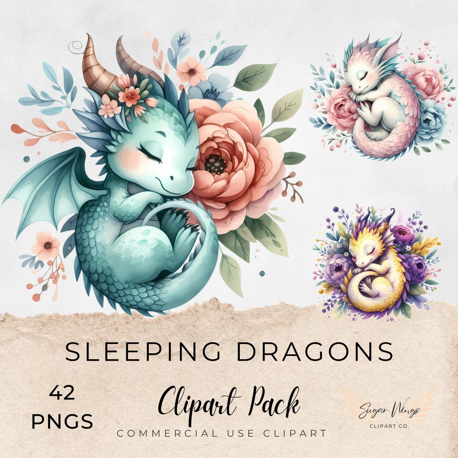 Sleeping Dragons Clipart Bundle | 42 Pngs | Cute Whimsical Magical ...