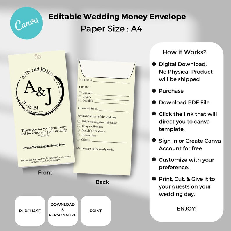 Wedding Money Envelope Template | Editable Canva Design | Minimalist ...