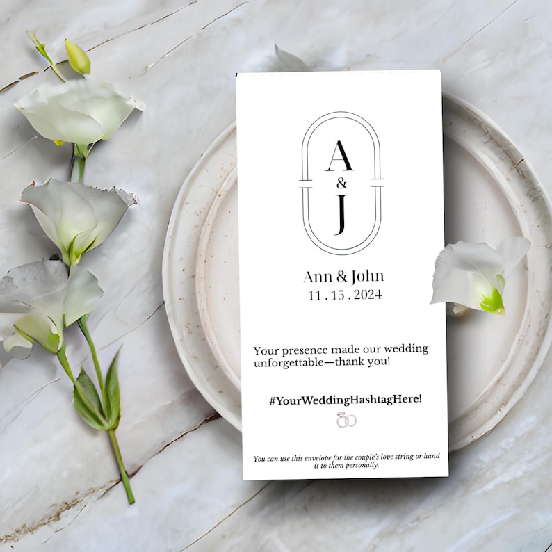 Minimalist Monogram Wedding Money Envelope Template | Editable Canva ...