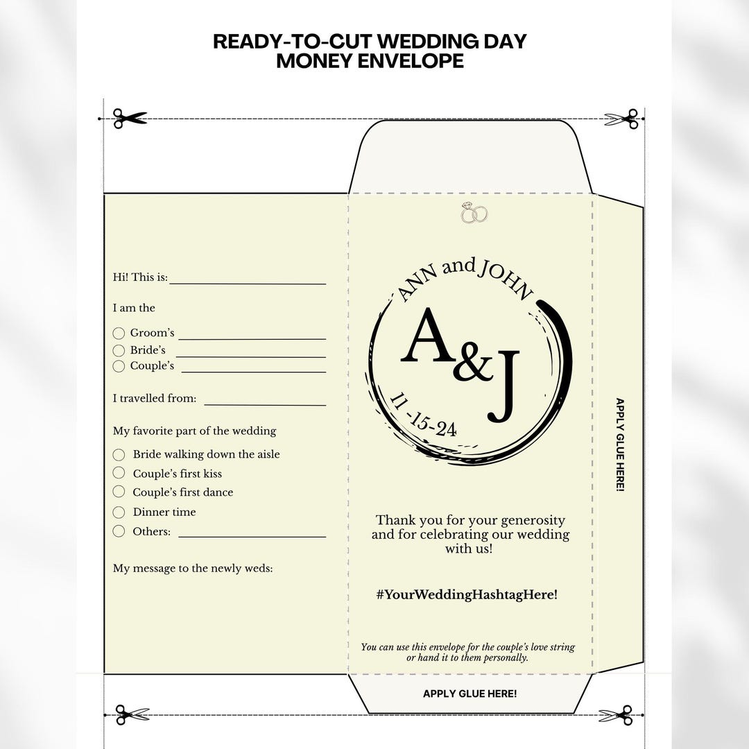 Minimalist Editable Wedding Money Envelope, Digital Download, Editable ...