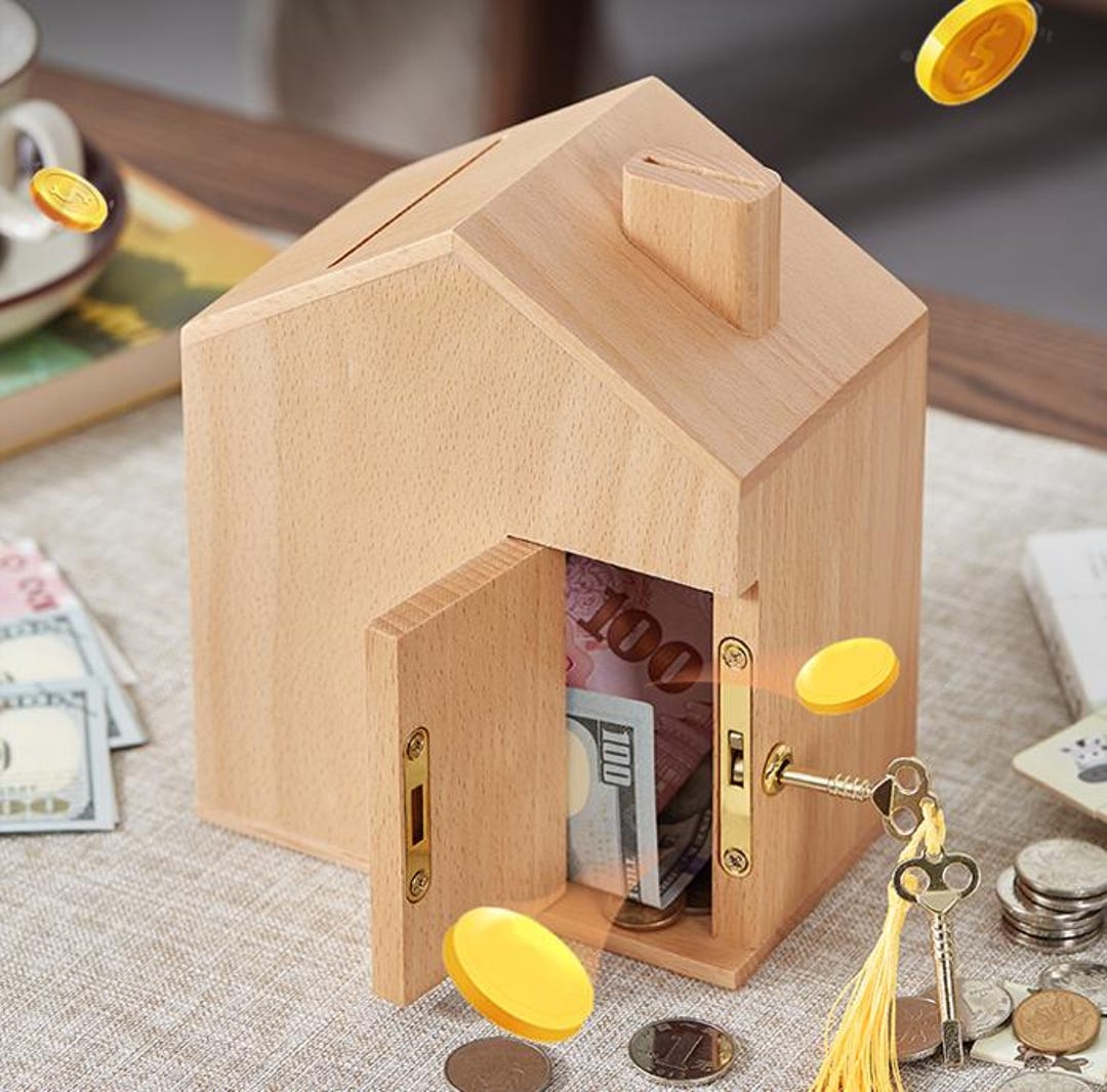 Wooden House-shaped Money Box | Decorative Wooden Piggy Bank With Lock ...