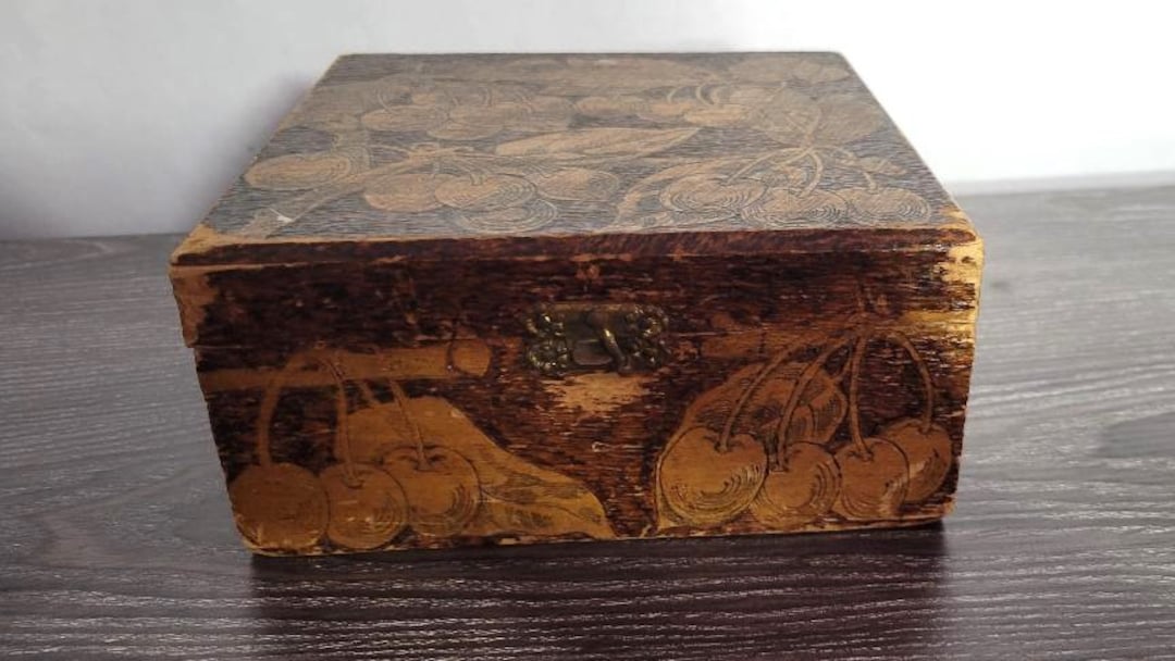 Antique Wooden Pyrography Flemish Art Box With Cherries in Need of TLC ...