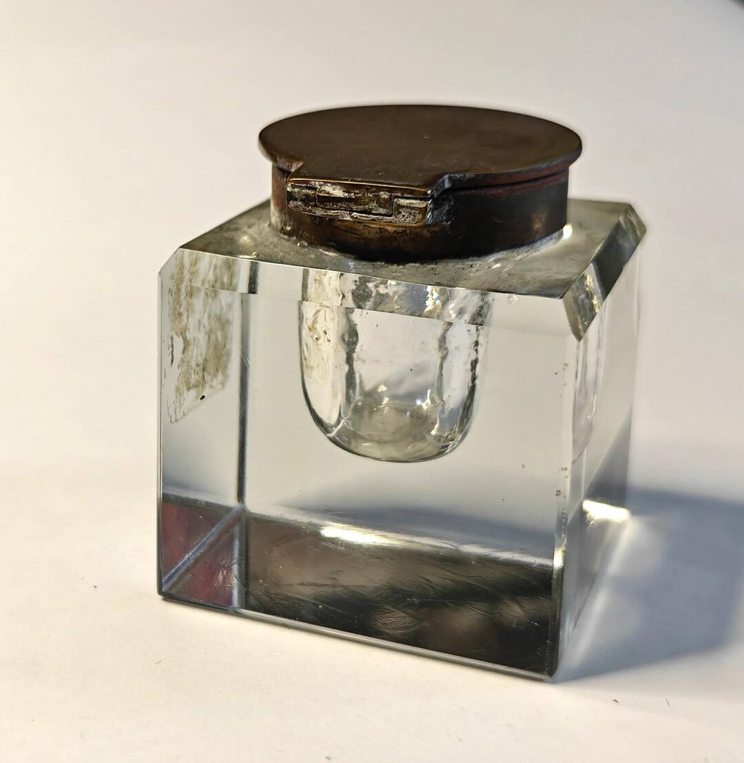 Antique Square Glass Inkwell With Brass Hinged Lid - Etsy