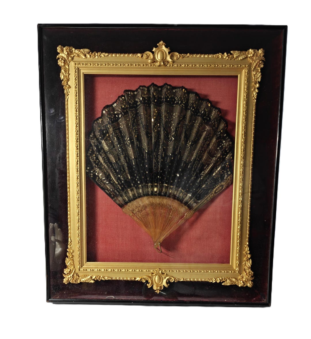 Antique Black Lace Sequined Folding Fan Framed With Velvet - Etsy